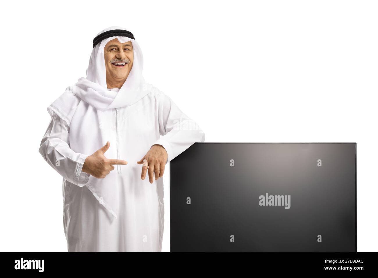 Traditional mature arab man pointing at a tv screen isolated on white ...