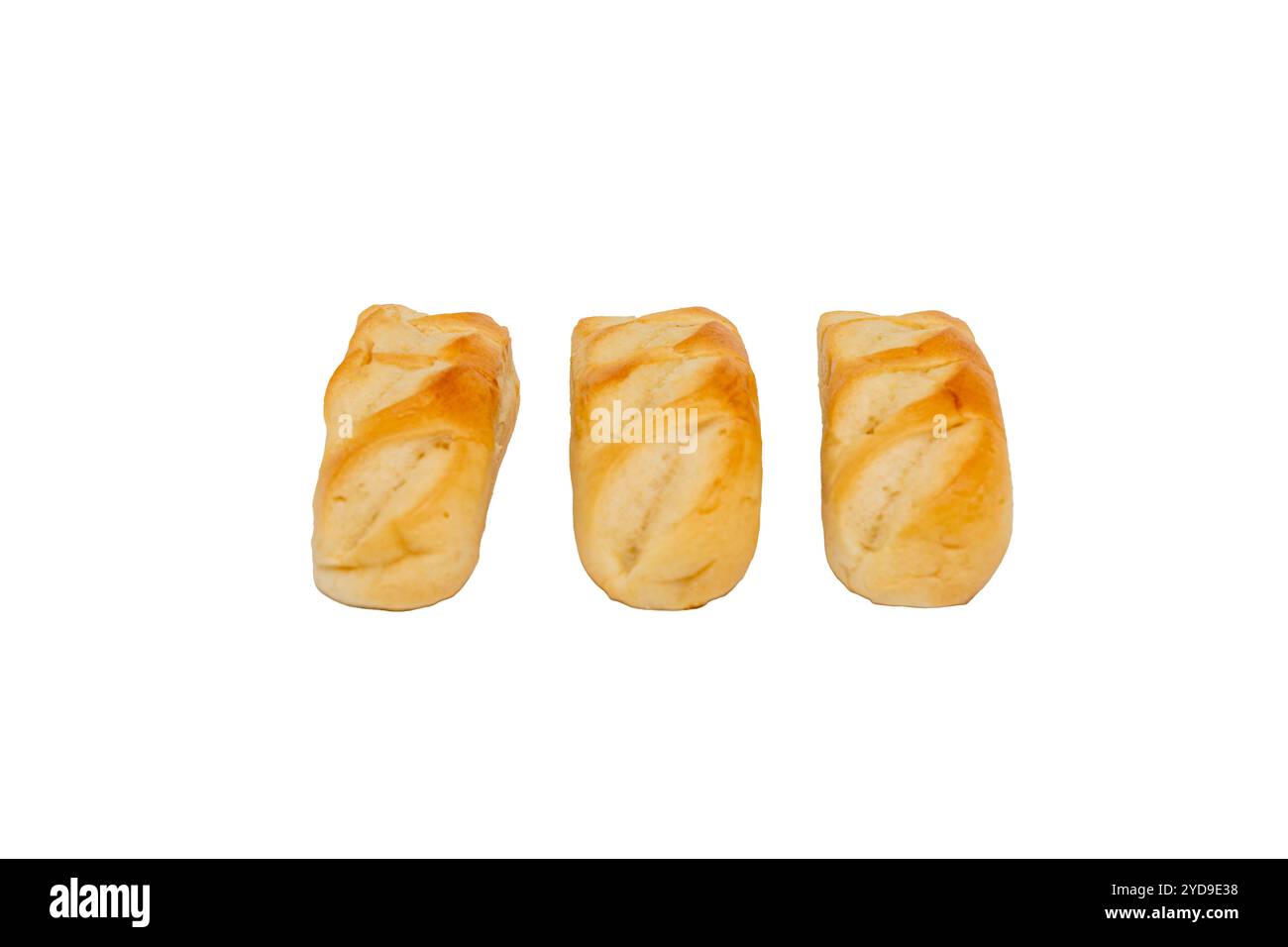 Three white buns are arranged in a row on a white background. All milk ...