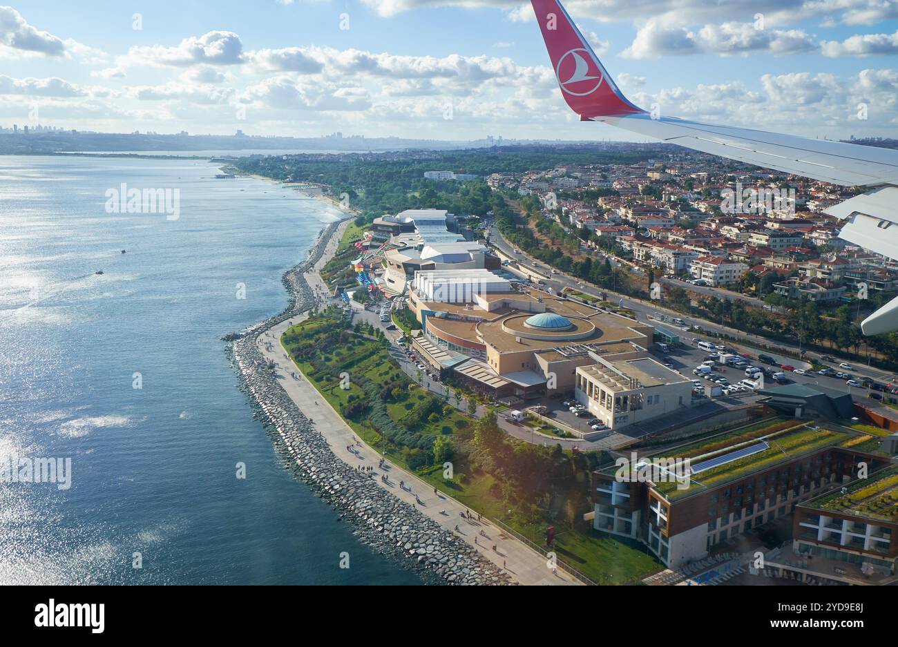 The airplane of Turkish Airlines is landing over the Turkish shore ...