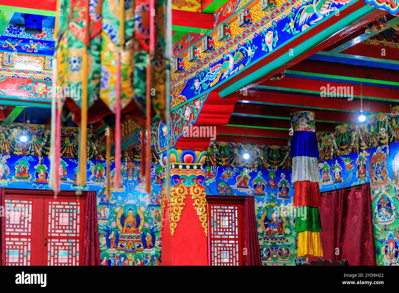 Buddhist temple architecture in Nepal. Interior of a typical nepali and ...
