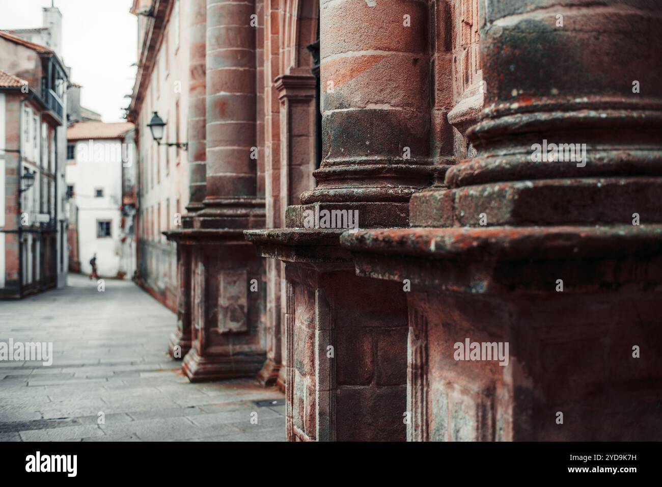 Close-up view of weathered stone columns on a historic building facade ...