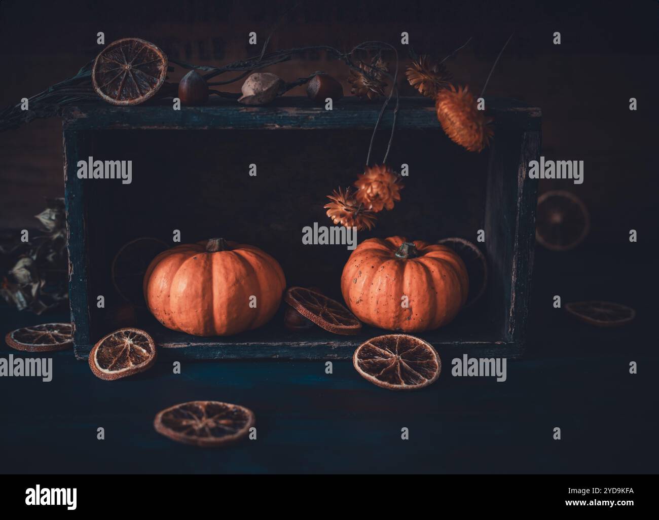 Thanksgiving Fall arrangement with pumpkins in harvest crate. dry ...