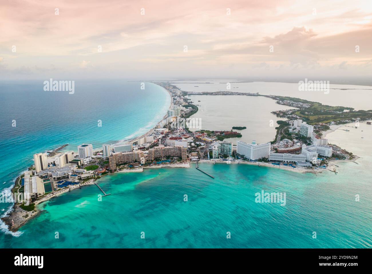Aerial panoramic view of Cancun city hotel zone in Mexico. Caribbean ...