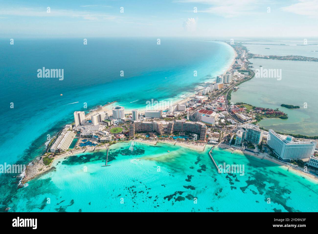 Aerial panoramic view of Cancun beach and city hotel zone in Mexico ...