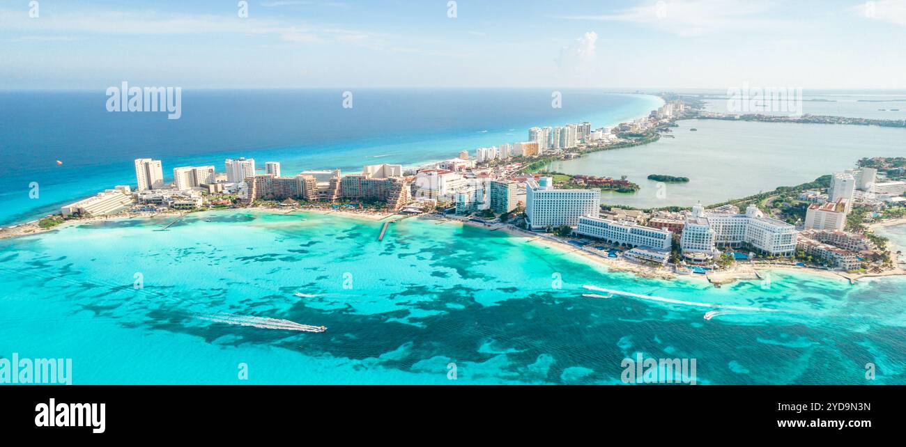 Aerial view of Cancun beach in Mexico. Caribbean coast landscape on ...