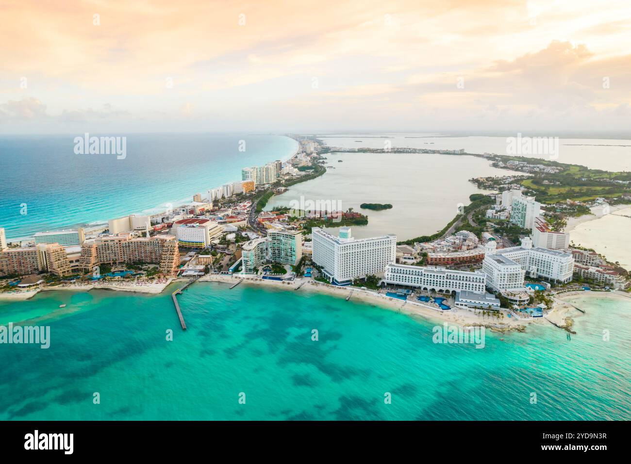 Aerial panoramic view of Cancun beach and city hotel zone in Mexico ...
