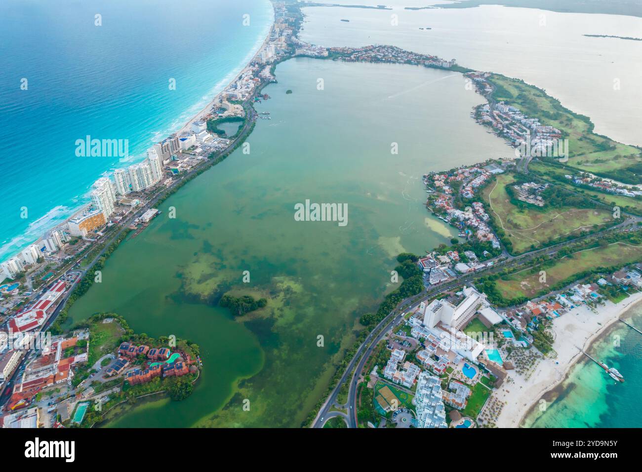 Aerial panoramic view of Cancun beach and city hotel zone in Mexico ...