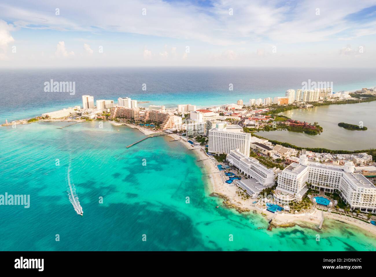 Aerial panoramic view of Cancun city hotel zone in Mexico. Caribbean ...