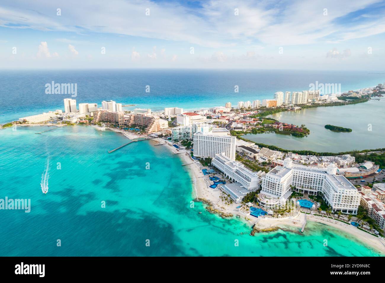 Aerial panoramic view of Cancun city hotel zone in Mexico. Caribbean ...