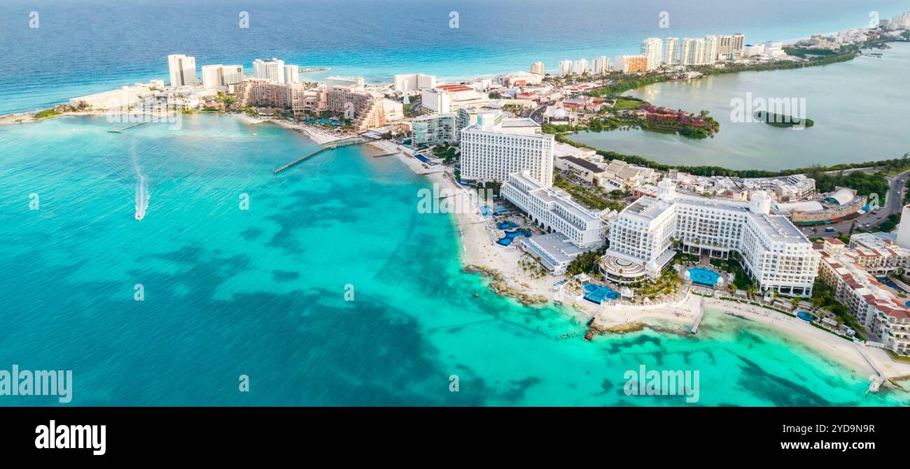 Aerial panoramic view of Cancun beach and city hotel zone in Mexico ...