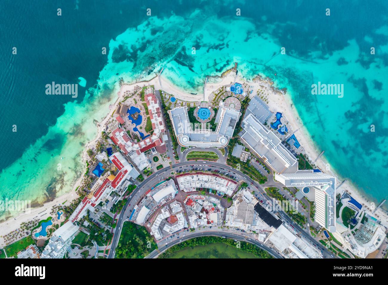 Aerial top view of Cancun city hotel zone in Mexico. Caribbean coast ...