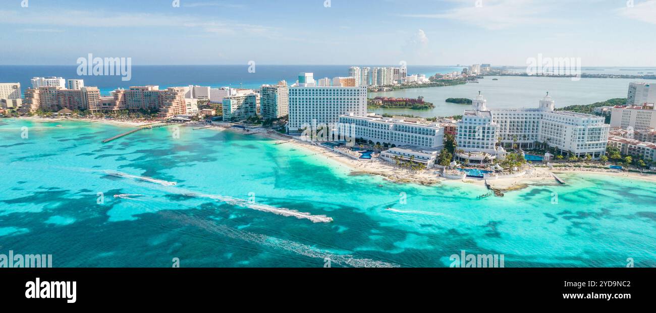 Aerial panoramic view of Cancun beach and city hotel zone in Mexico ...