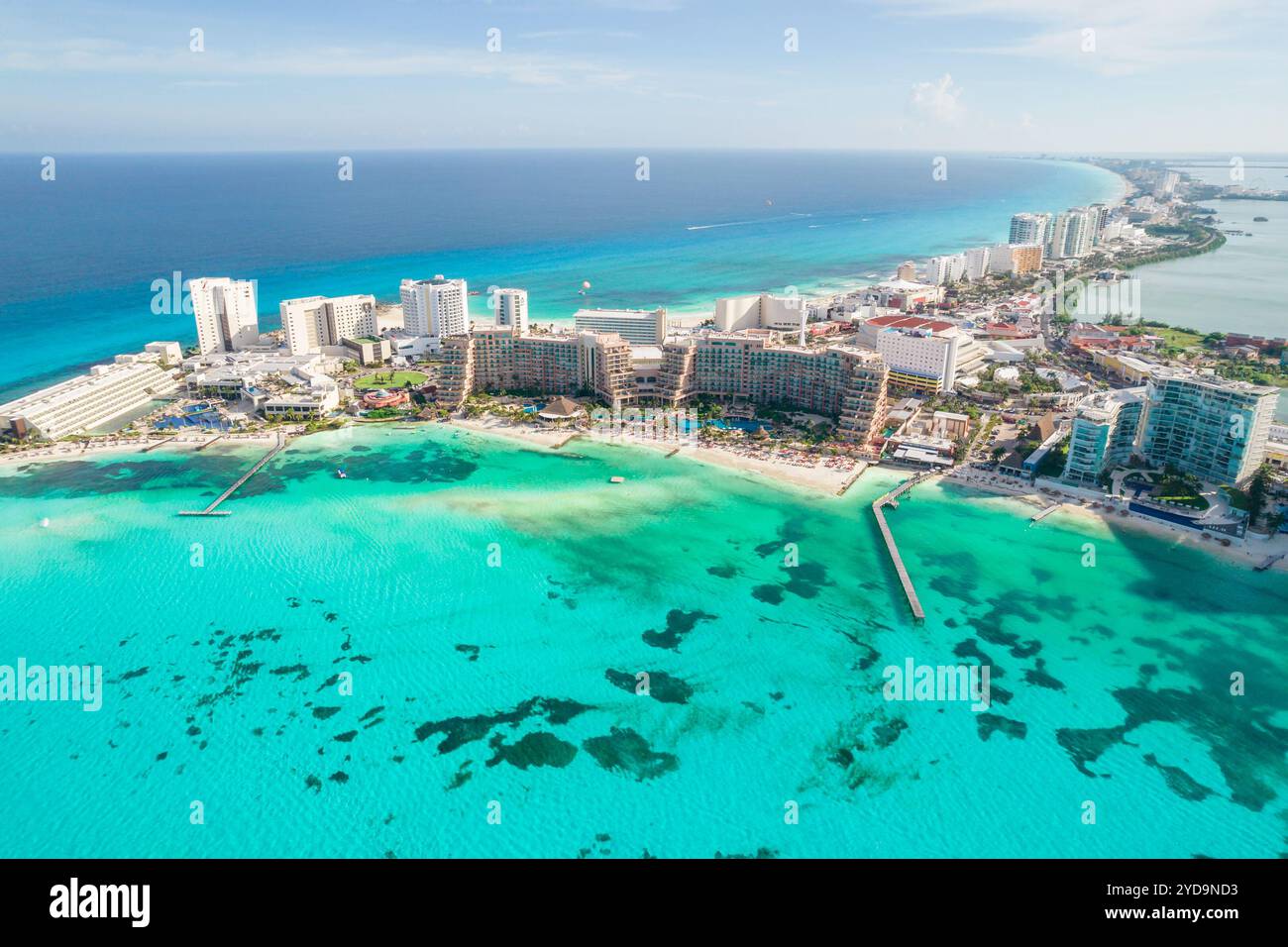 Aerial panoramic view of Cancun beach and city hotel zone in Mexico ...
