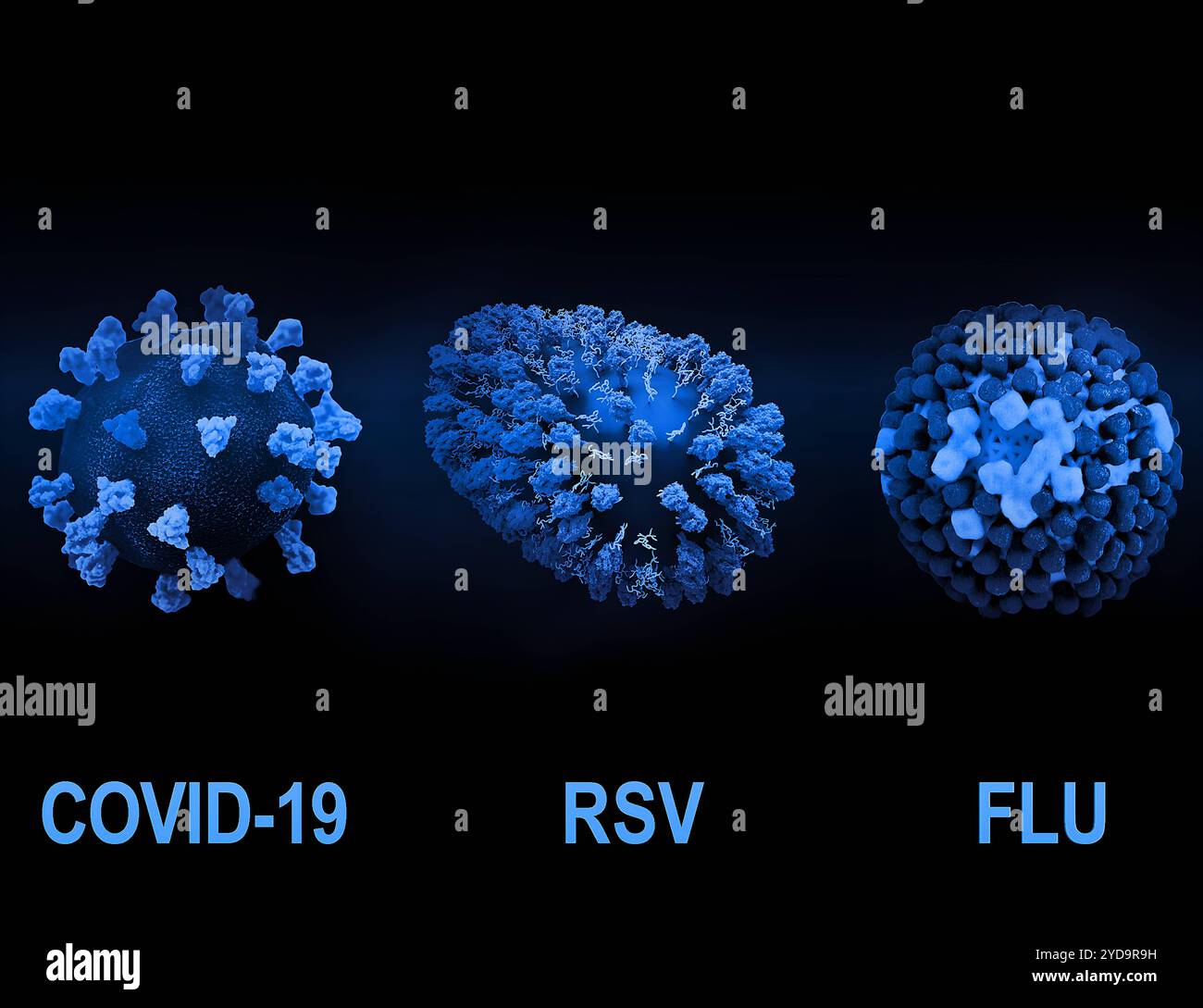 3D renditions of three respiratory viruses: COVID-19, RSV, and flu ...