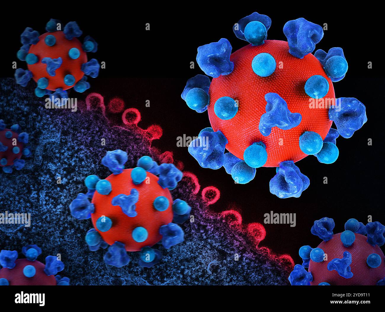 Layout featuring colorized 3D prints of HIV virus particles red with ...