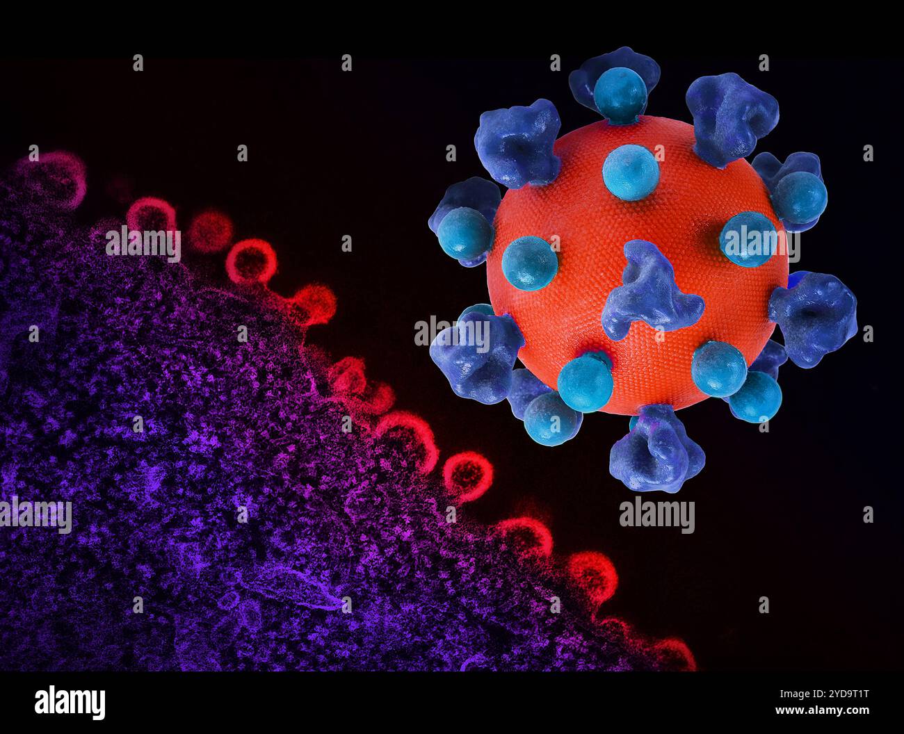 Layout featuring a colorized 3D print of an HIV virus particle red with ...