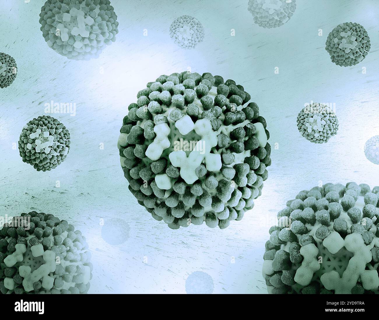 Creative layout featuring colorized 3D renditions of influenza virus ...