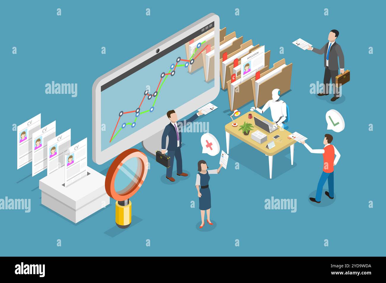 3D Isometric Flat Conceptual Illustration of Robot HR Manager, Human ...
