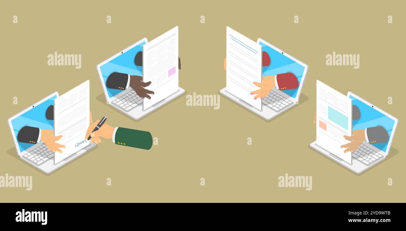 3D Isometric Flat Conceptual Illustration of Digital Contract Set ...