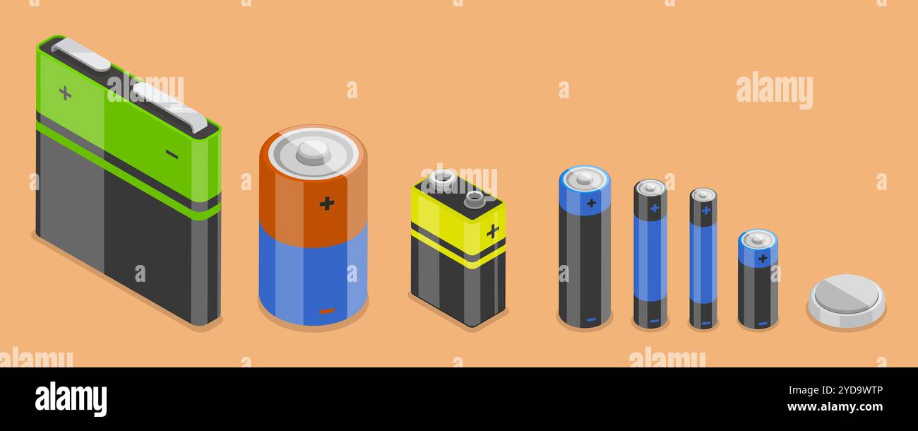 3D Isometric Flat Conceptual Illustration of Battery Set, Alkaline ...
