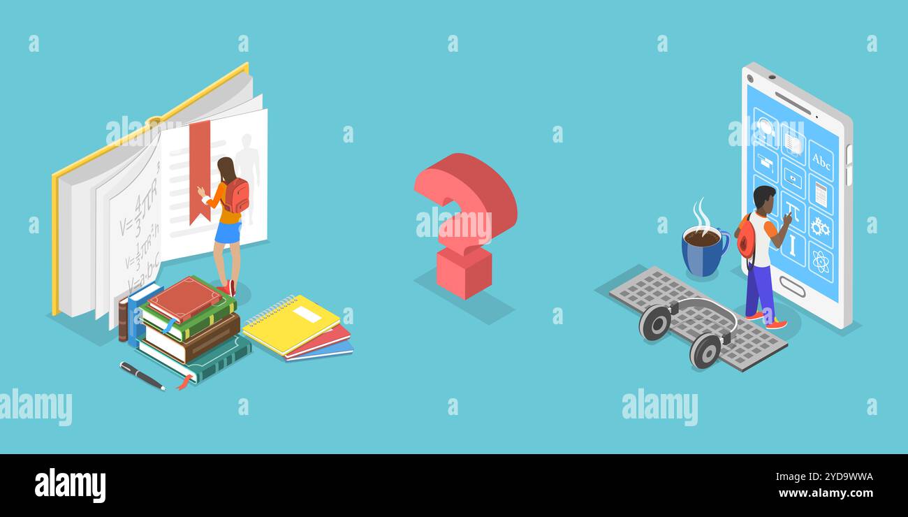 3D Isometric Flat Conceptual Illustration of Online Learning Vs Offline ...