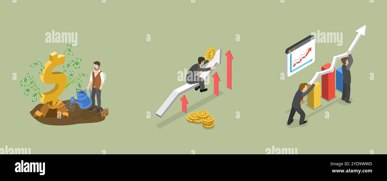 3D Isometric Flat Conceptual Illustration of Finance Growth, Reaching ...