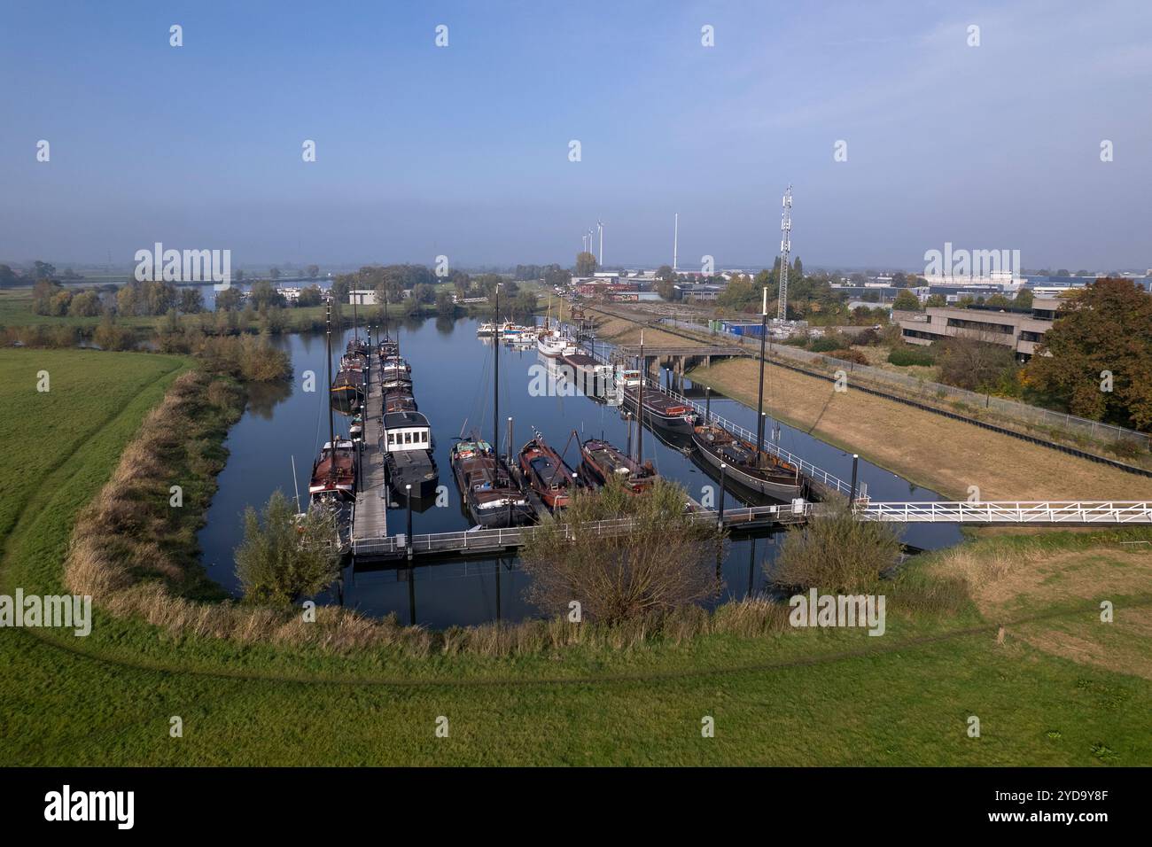 Museum harbour aerial along riverside of river IJssel seen from above ...