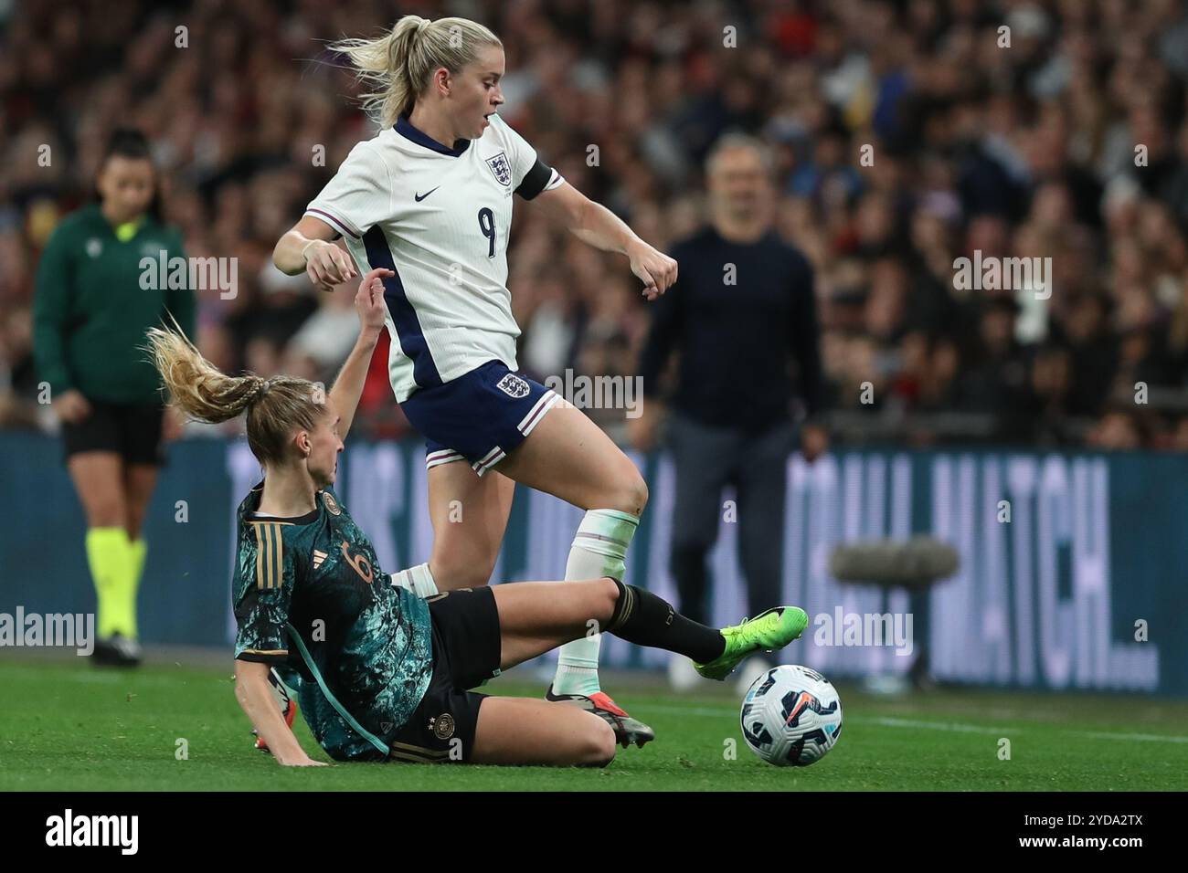 London, UK. 25th October, 2024. Janina Minge tackles Alessia Russo ...