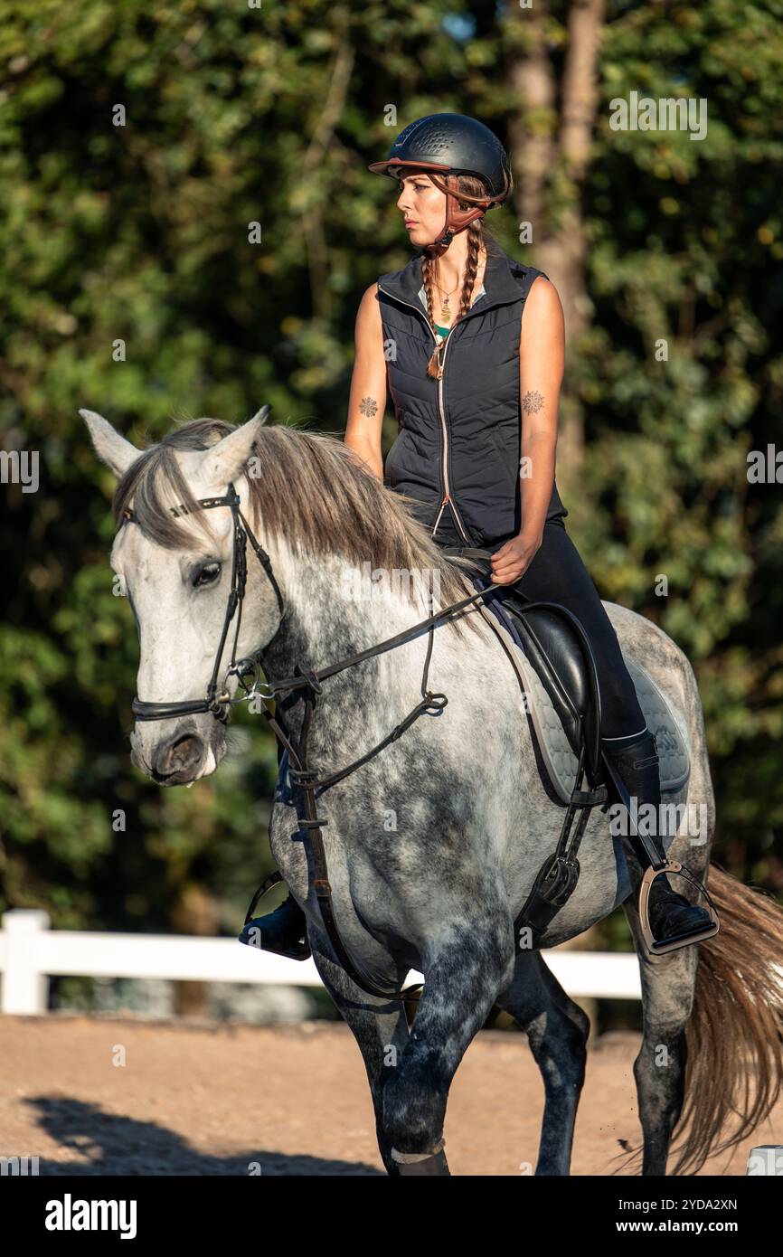 vertical dedicated young female rider, fully focused, trains her horse ...