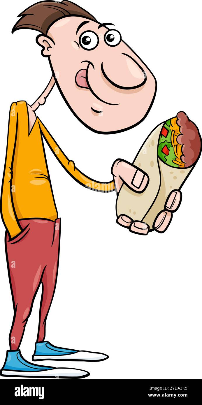 Cartoon illustration of young hungry guy with burrito food object Stock ...