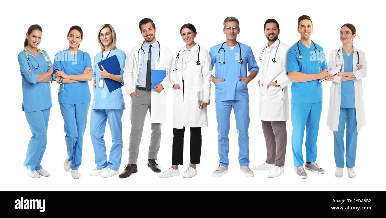 Different healthcare workers in uniforms on white background Stock ...