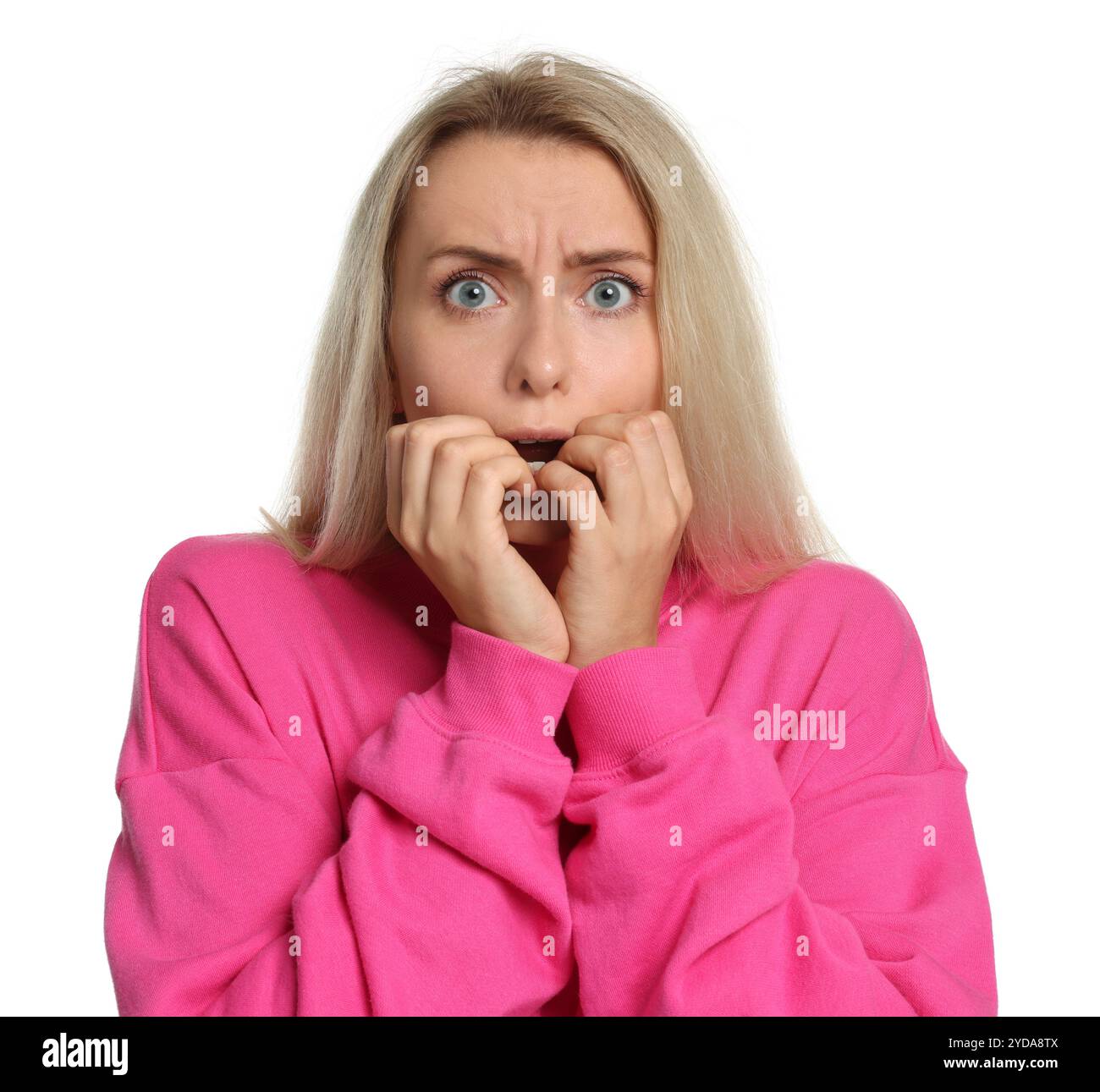 Portrait of scared woman on white background Stock Photo - Alamy