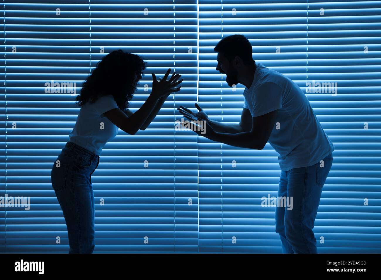 Emotional couple arguing indoors at night. Relationship problems Stock ...