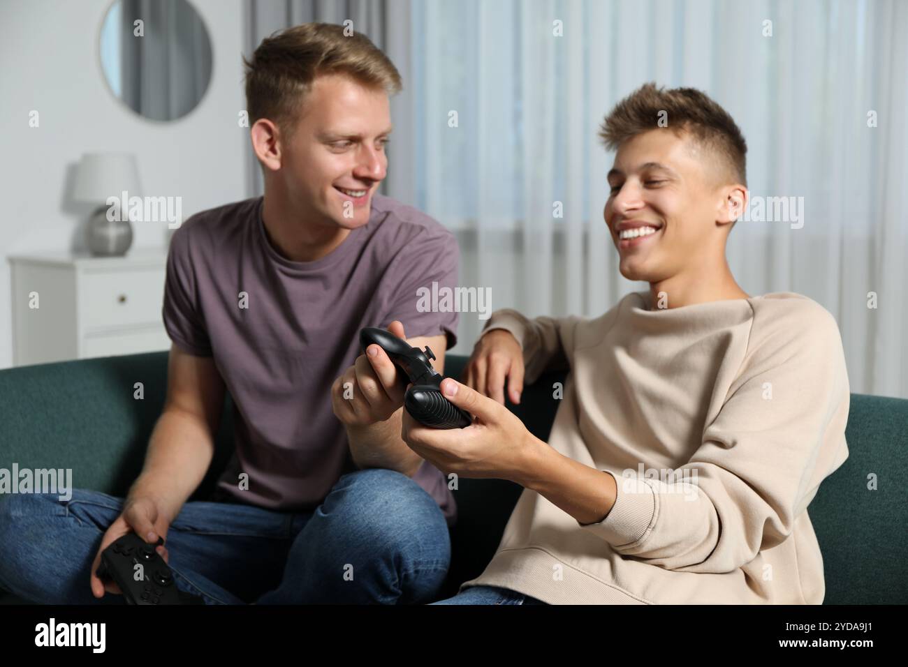 Happy brothers playing video game at home Stock Photo - Alamy