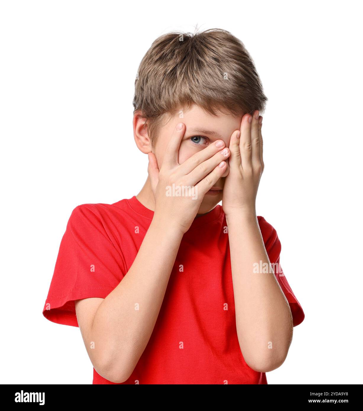 Portrait of scared little boy on white background Stock Photo - Alamy