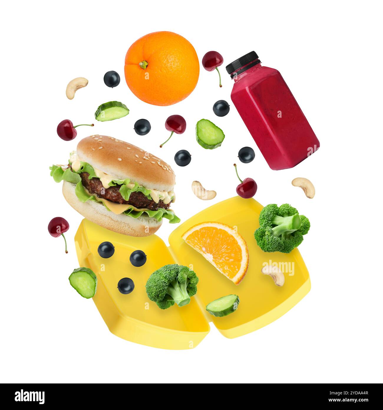Lunch box, different food and bottle of juice in air on white ...