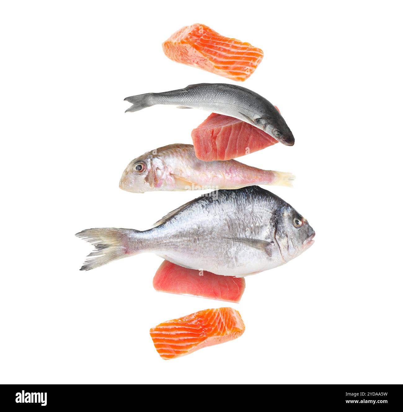 Different sea food in air on white background Stock Photo - Alamy