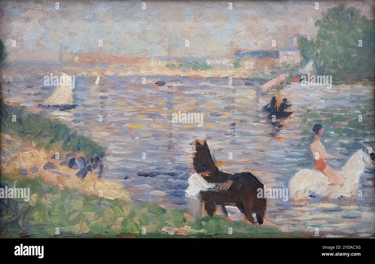 Georges Pierre Seurat, or Georges Seurat painting, "Horses in the Water ...