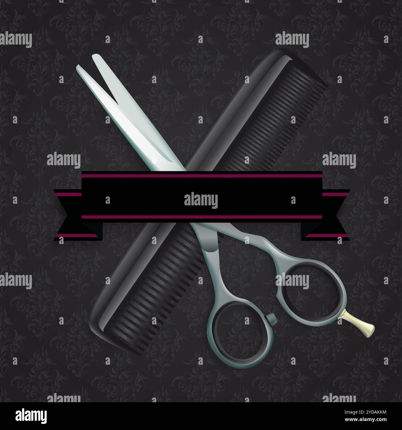 Scissors and black comb on the black background with ornaments. Eps 10 ...