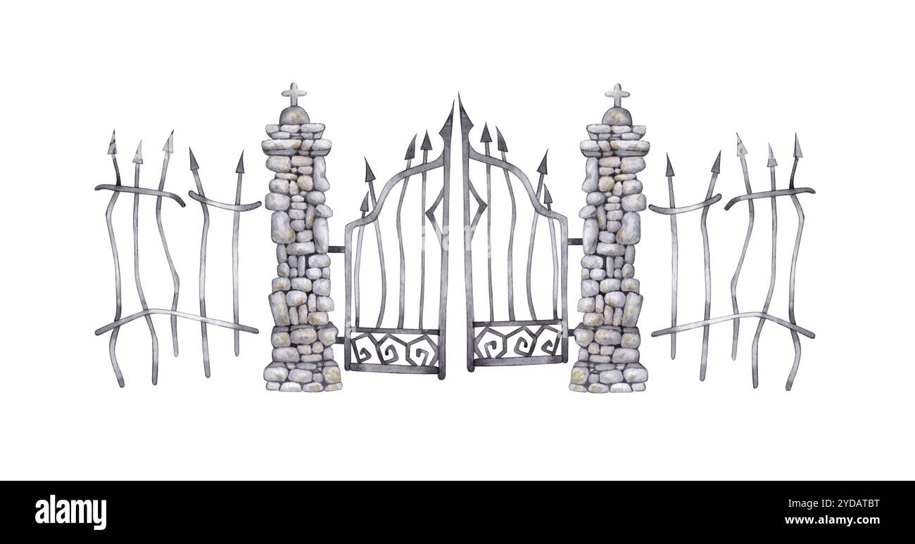Old, rusty, metal gate, broken fence bars, watercolor illustration ...