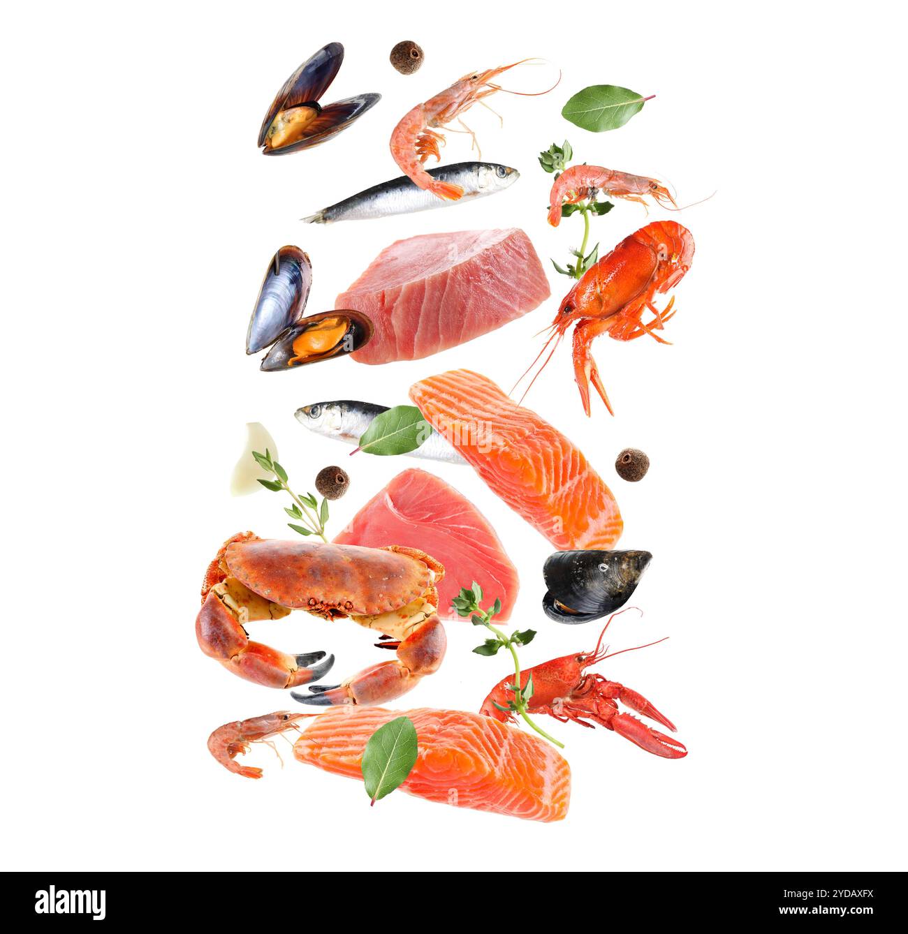 Different sea food in air on white background Stock Photo - Alamy