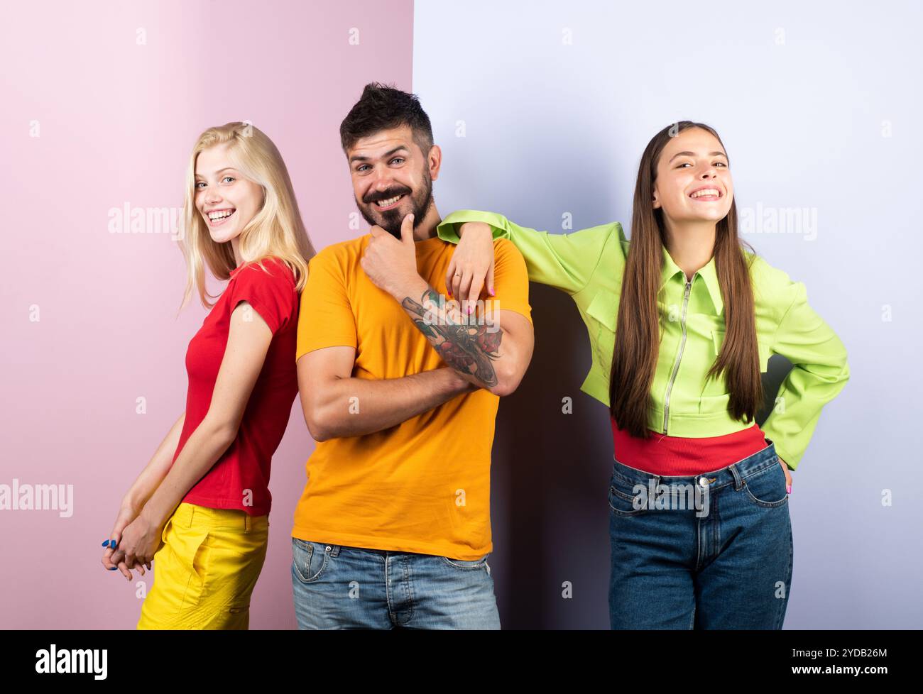 Group of friends posing in studio. Group of tree People. Friends face ...