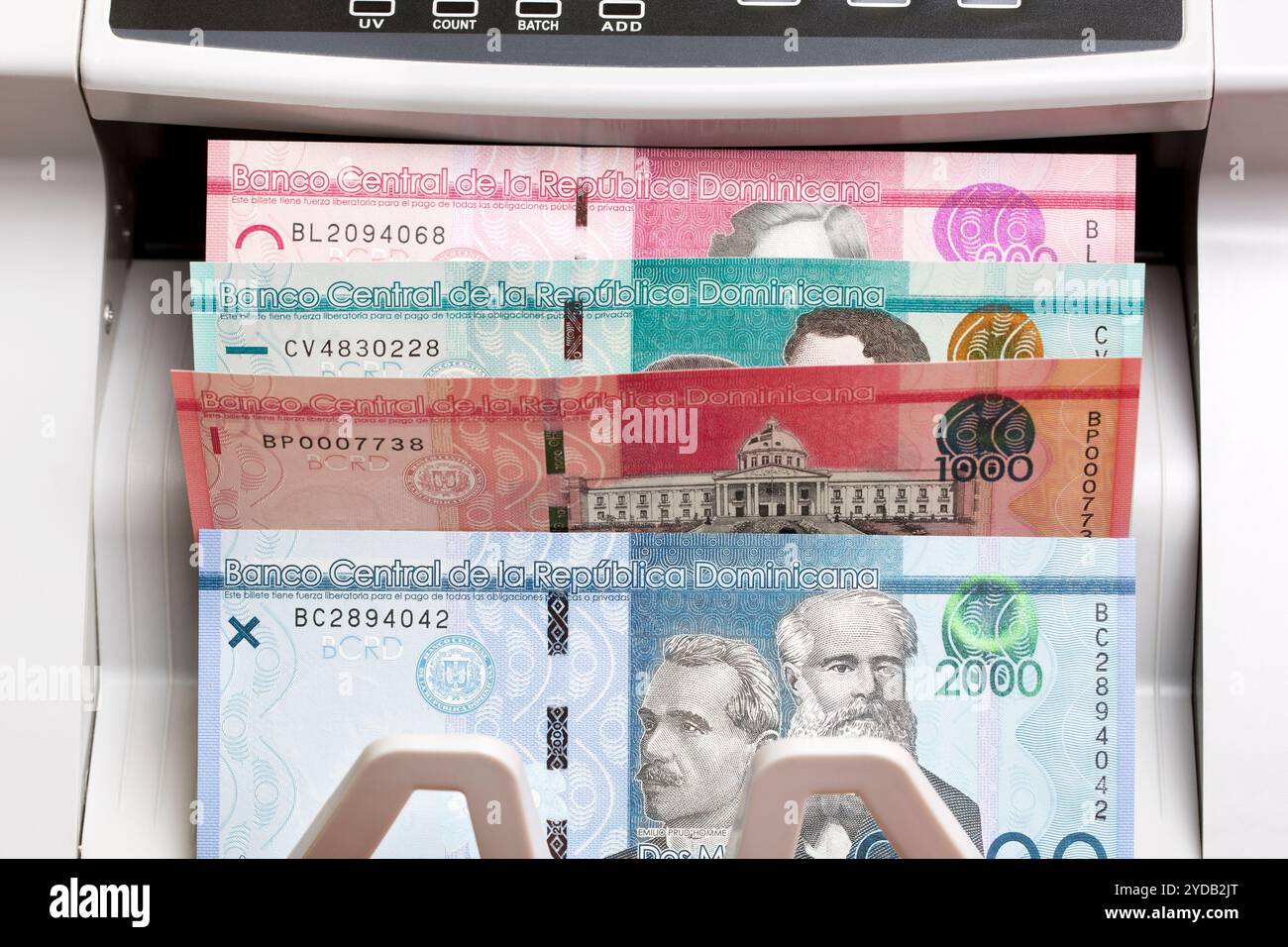 Dominican money - peso in the counting machine Stock Photo - Alamy