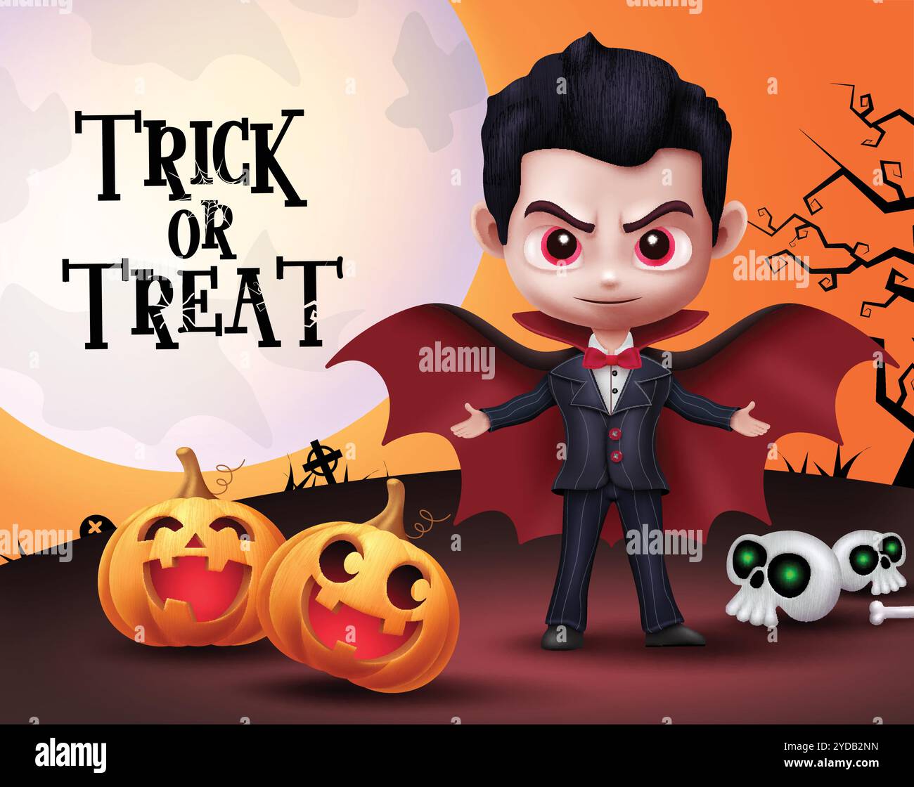 Trick or treat text vector design. Halloween dracula and vampire man character in night full ...