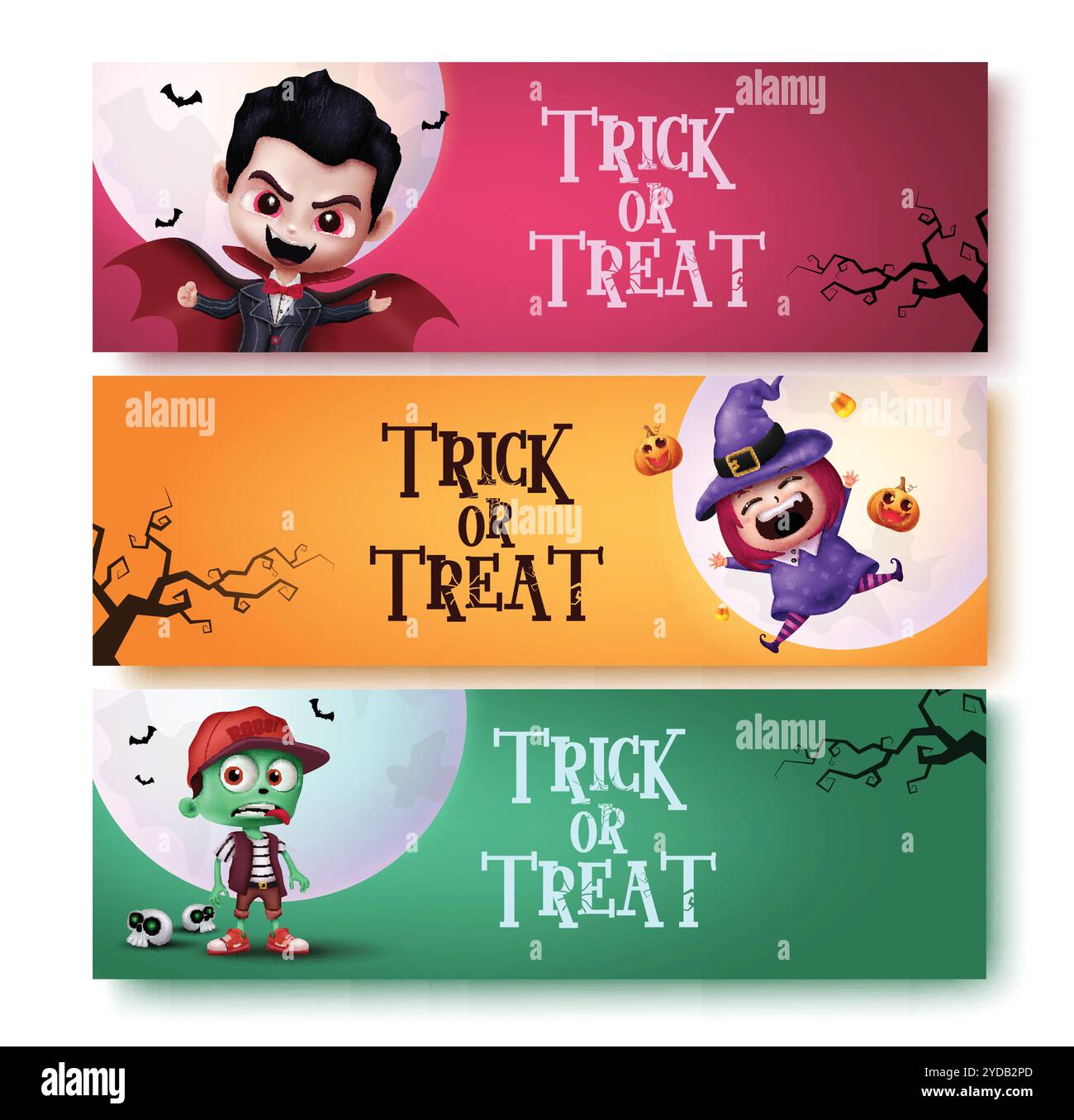 Trick or treat text vector banner set. Halloween greeting card with ...