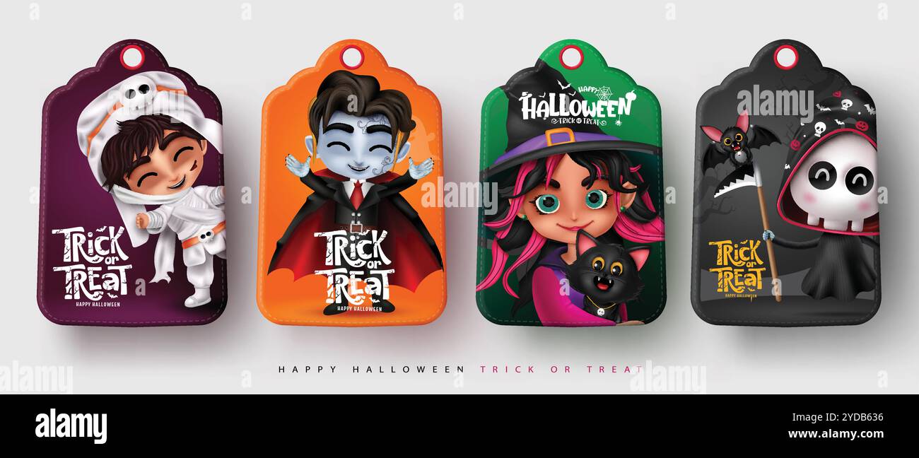 Halloween gift tags characters vector set design. Trick or treat text ...