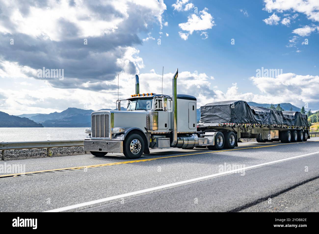 Industrial long hauler white big rig semi truck tractor with extended ...