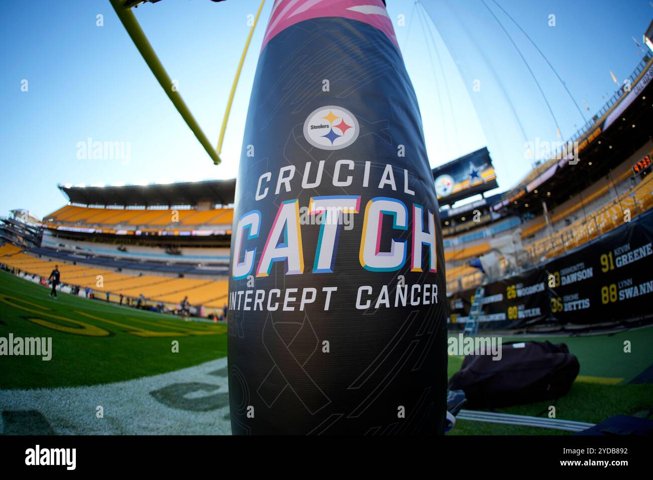 This is a Crucial Catch goalpost pad at Acrisure Stadium before an NFL ...