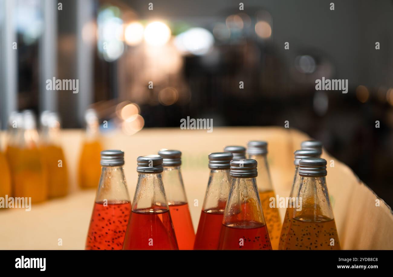 Ready-to-drink bottled juice products Arranged and packed in boxes for ...