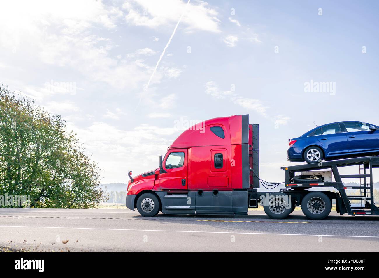 Industrial car hauler red big rig semi truck tractor with extended cab ...